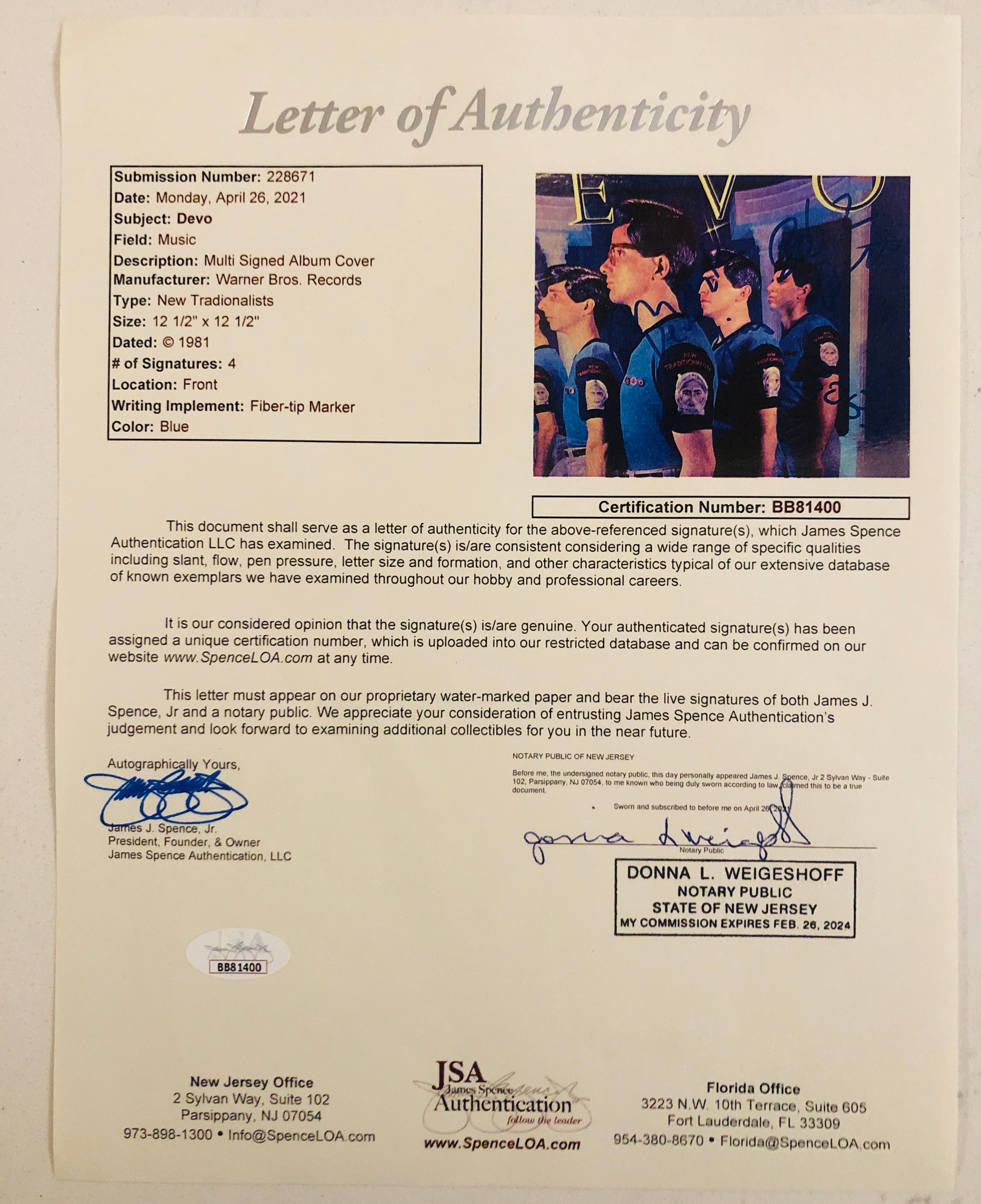 DEVO Autograph "New Traditionalists" Signed Record Album